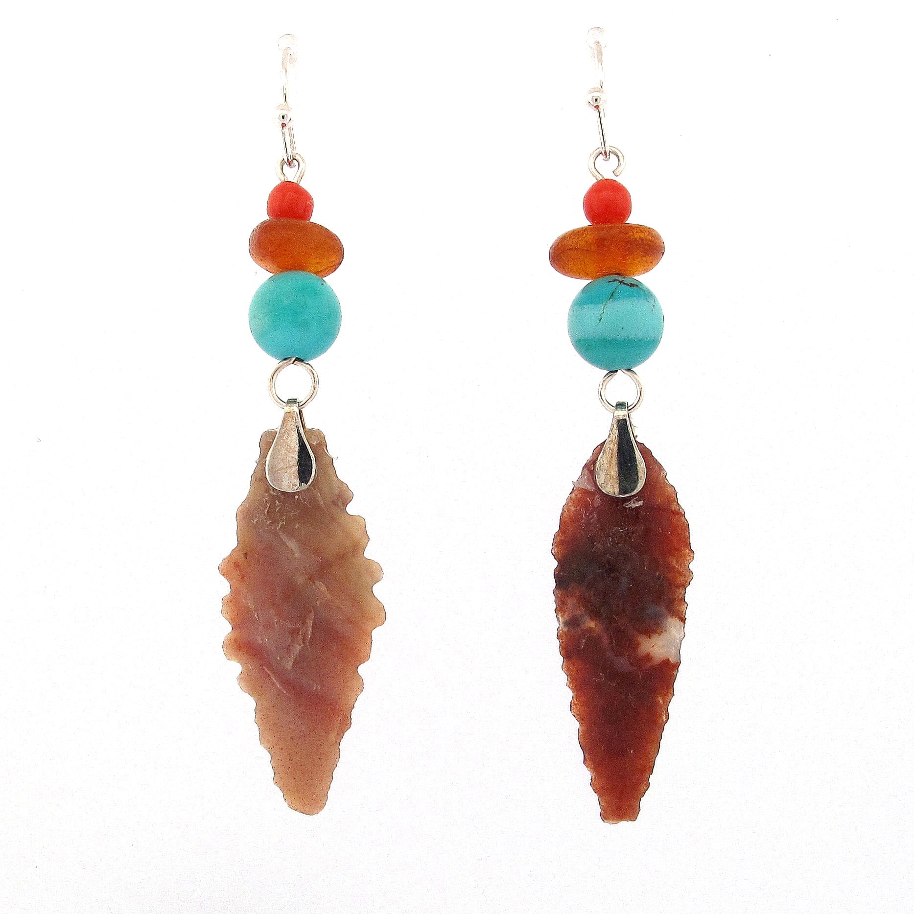 Ancient Arrowhead Earrings with turquoise, amber and coral beads ...