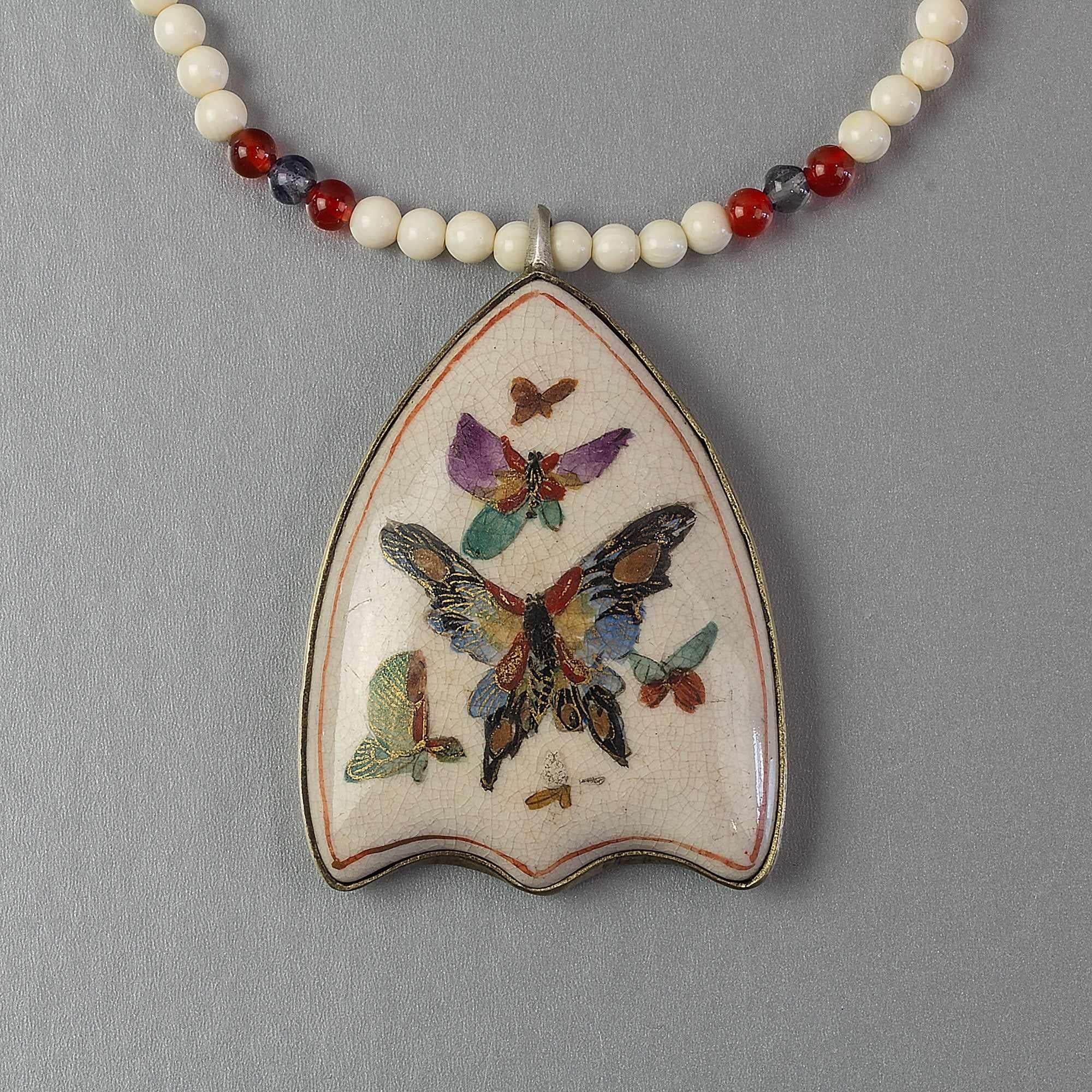 Antique Japanese Satsuma ceramic pendant gemstone beaded necklace ...