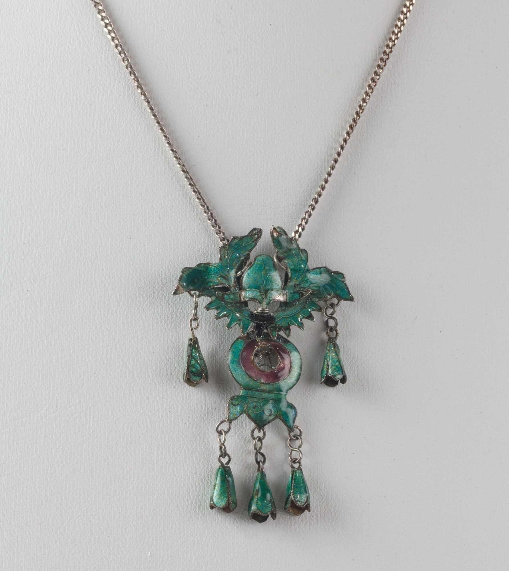 Antique Chinese Qing Dynasty enameled silver ornament on silver chain ...