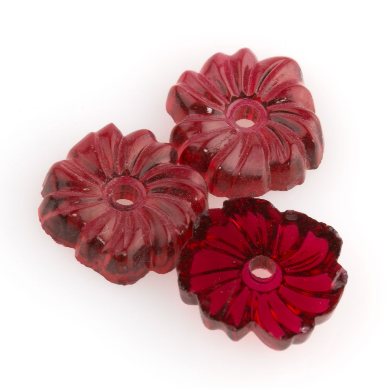 Flower Cabochon, ruby red glass, center hole, . 12mm. Pkg of 4. b5-415 ...